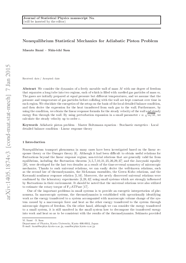 (PDF) Nonequilibrium Statistical Mechanics for Adiabatic Piston Problem