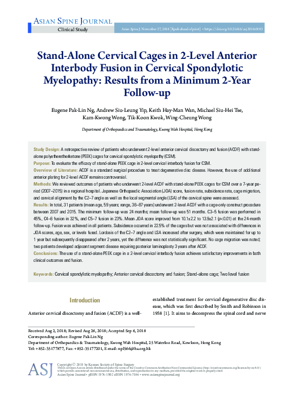 (PDF) Stand-Alone Cervical Cages in 2-Level Anterior Interbody Fusion ...