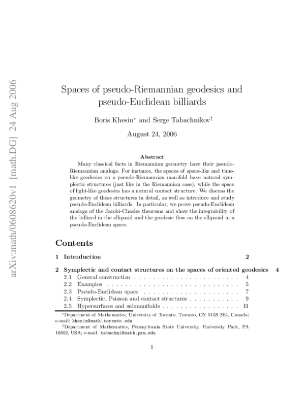 (PDF) Spaces of pseudo-Riemannian geodesics and pseudo-Euclidean billiards