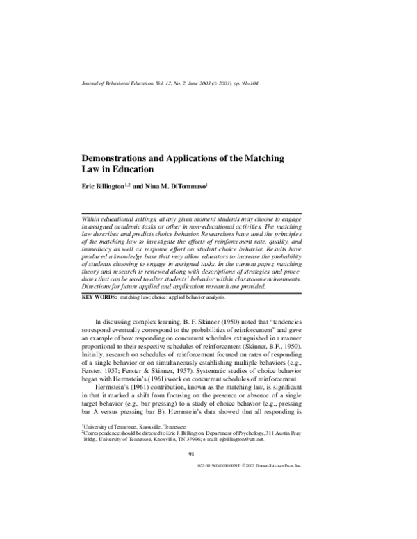 (PDF) Demonstrations and Applications of the Matching Law in Education ...