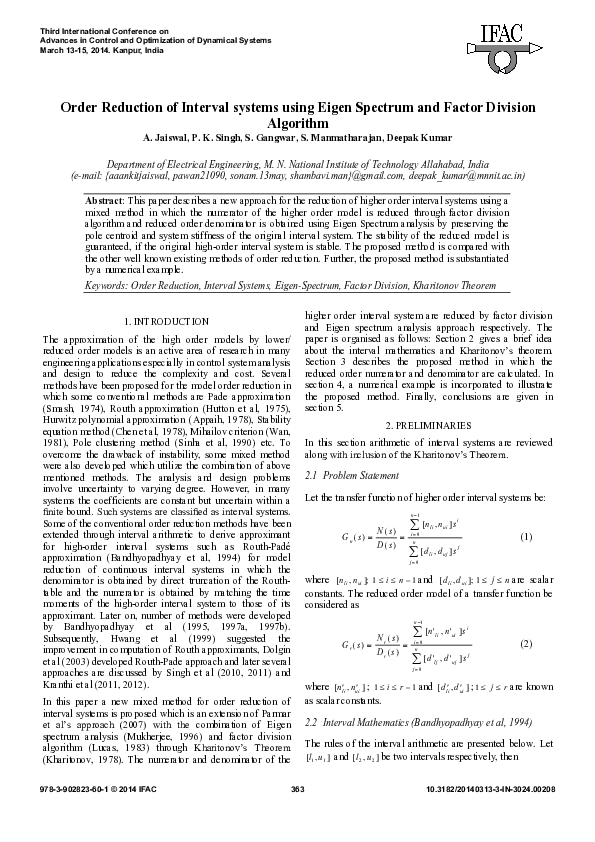 (PDF) Order Reduction of Interval systems using Eigen Spectrum and Factor Division Algorithm ...