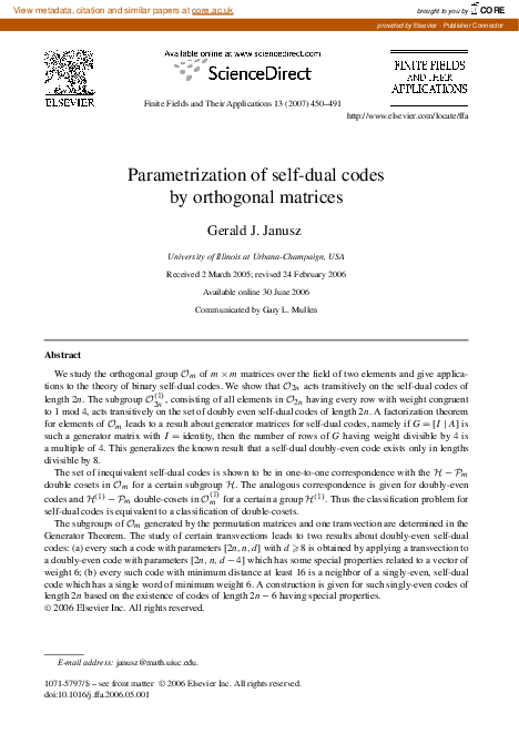 (PDF) Parametrization of self-dual codes by orthogonal matrices