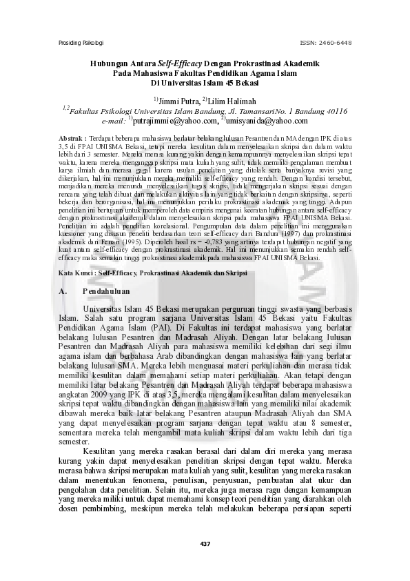 (PDF) Hubungan Antara Self-Efficacy Dengan Prokrastinasi Akademik Pada Mahasiswa Fakultas ...