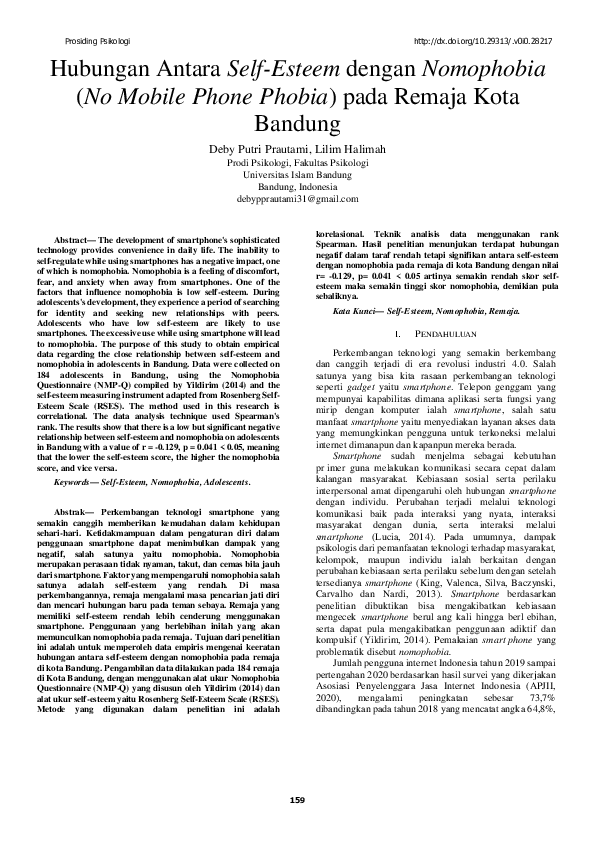 (PDF) Hubungan antara Self-Esteem dengan Nomophobia (No Mobile Phone Phobia) pada Remaja Kota ...