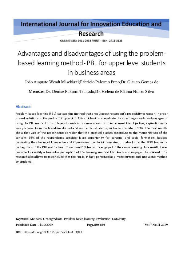 (PDF) Advantages and disadvantages of using the problem-based learning ...