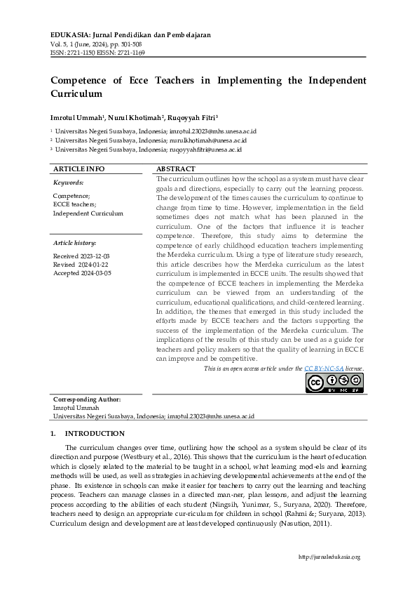 (PDF) Competence of Ecce Teachers in Implementing the Independent Curriculum