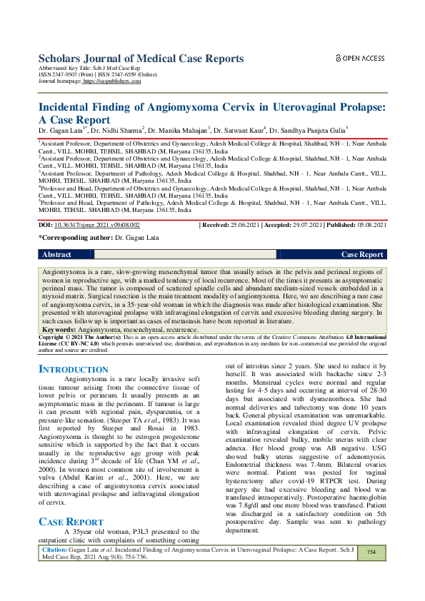 (PDF) Incidental Finding of Angiomyxoma Cervix in Uterovaginal Prolapse: A Case Report | satwant ...