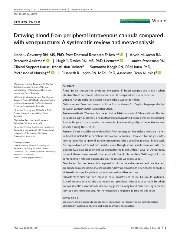 (PDF) Drawing blood from peripheral intravenous cannula compared with ...