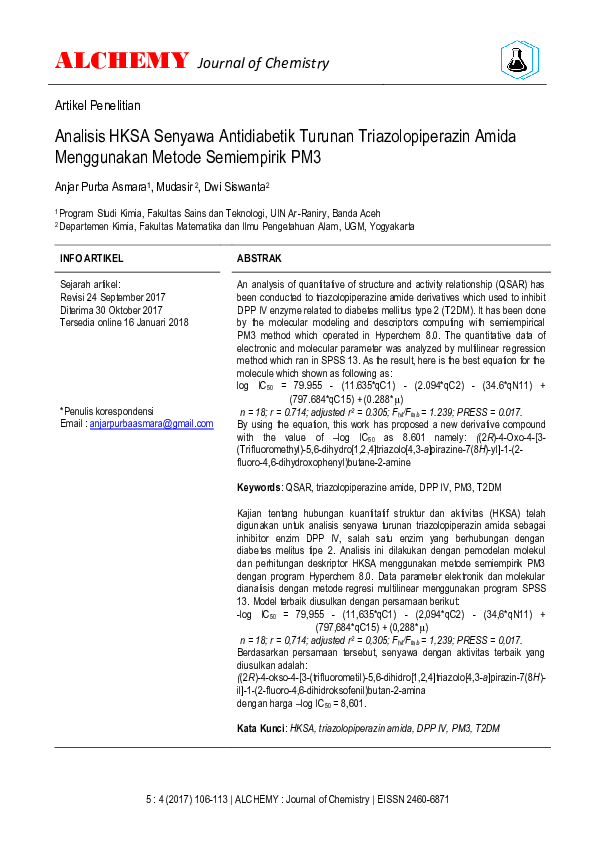 (PDF) Analisis Hksa Senyawa Antidiabetik Turunan Triazolopiperazin Amida Menggunakan Metode ...