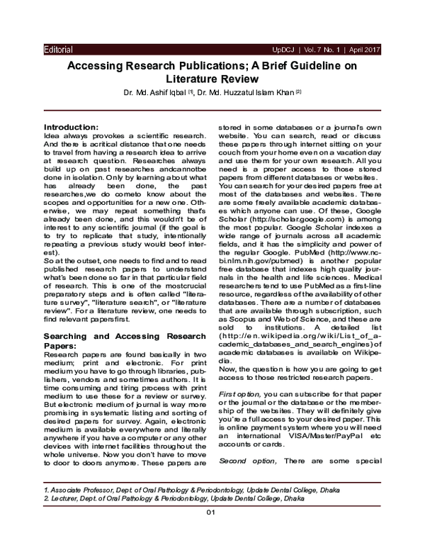 (PDF) Accessing Research Publications; A Brief Guideline on Literature Review