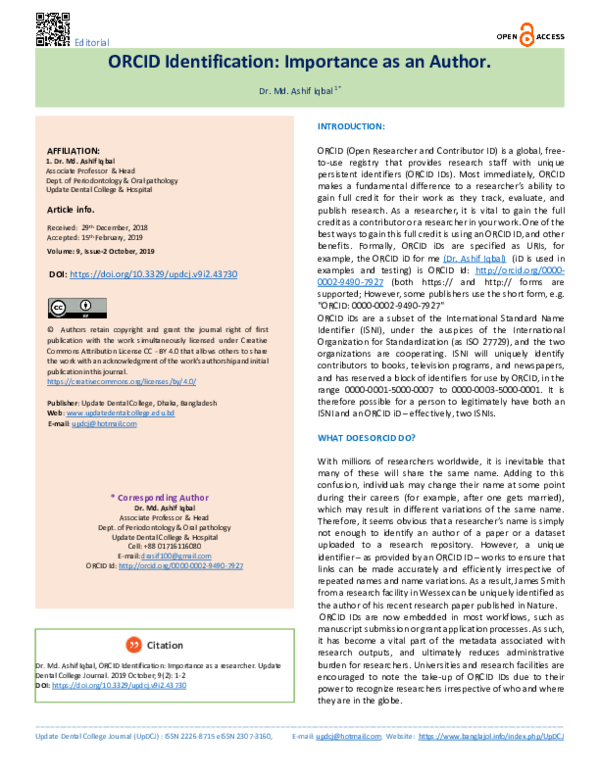 (PDF) ORCID Identification: Importance as an Author