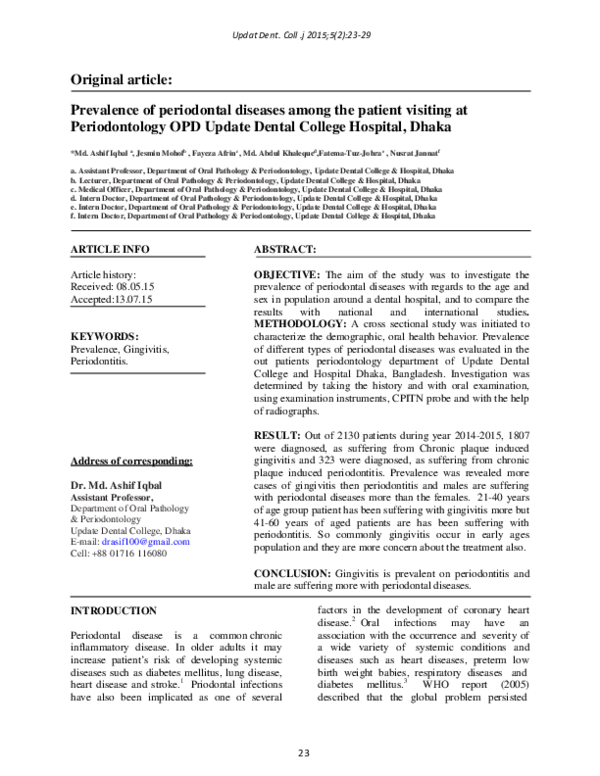(PDF) Prevalence of periodontal diseases among the patient visiting at Periodontology OPD Update ...