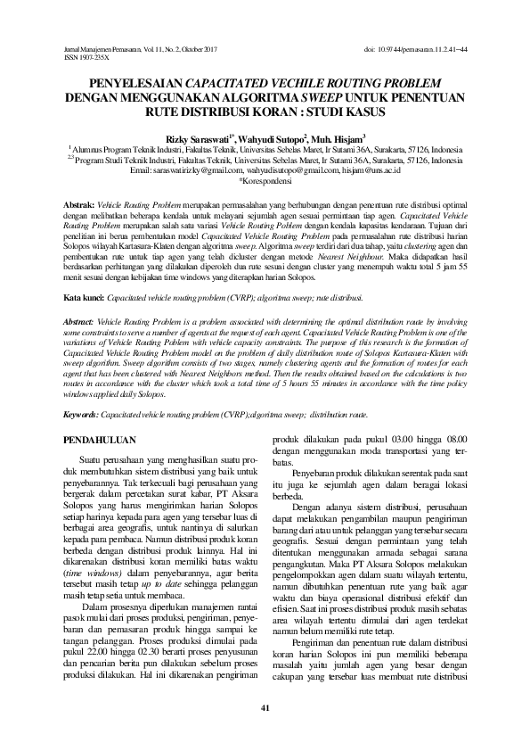 (PDF) Penyelesaian Capacitated Vechile Routing Problem Dengan Menggunakan Algoritma Sweep Untuk ...