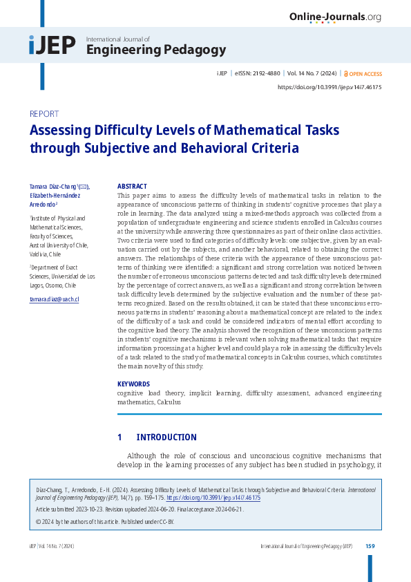 (PDF) Assessing Difficulty Levels of Mathematical Tasks through Subjective and Behavioral Criteria