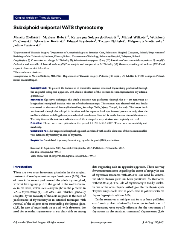(PDF) Subxiphoid uniportal VATS thymectomy | Sylweriusz Kosiński - Academia.edu