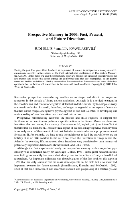 (PDF) Prospective memory in 2000: Past, present, and future directions