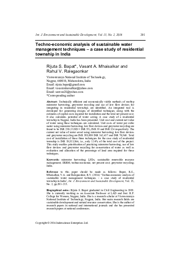 (PDF) Techno-economic analysis of sustainable water management ...