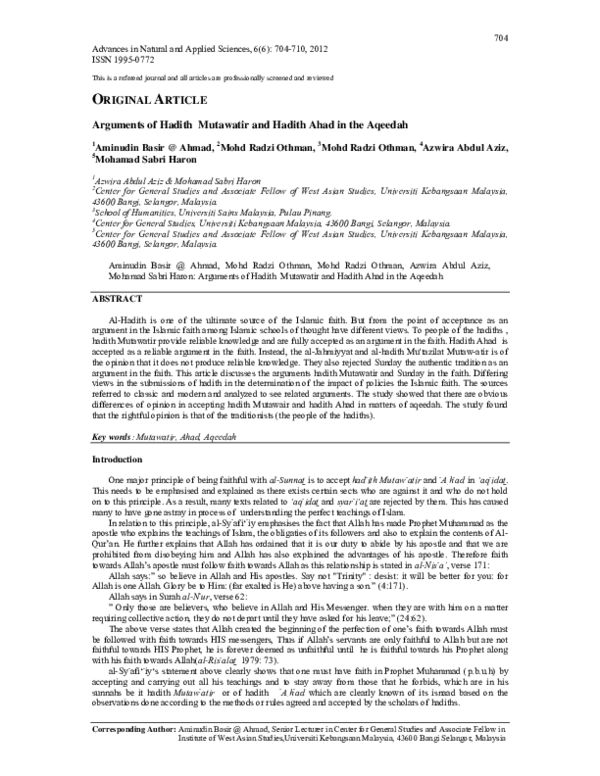 (PDF) Arguments of hadith Mutawatir and hadith Ahad in the aqeedah