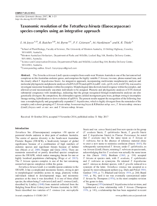 (PDF) Taxonomic resolution of the Tetratheca hirsuta (Elaeocarpaceae ...