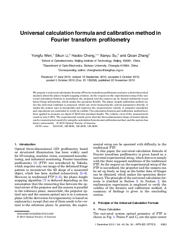 (PDF) Universal calculation formula and calibration method in Fourier transform profilometry
