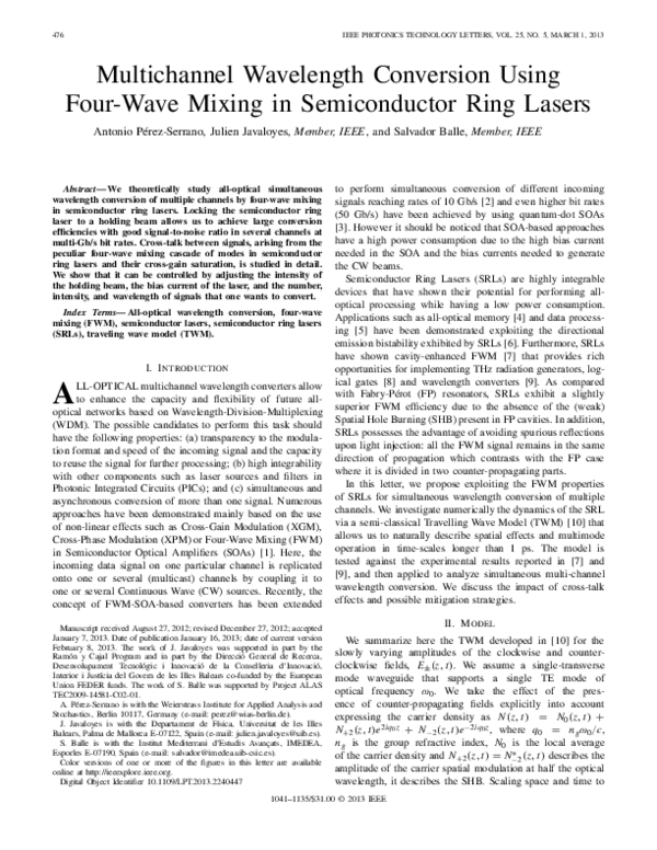 (PDF) Multichannel Wavelength Conversion Using Four-Wave Mixing in Semiconductor Ring Lasers