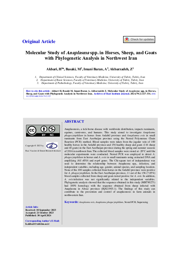 (PDF) Molecular Study of Anaplasma spp. in Horses, Sheep, and Goats ...