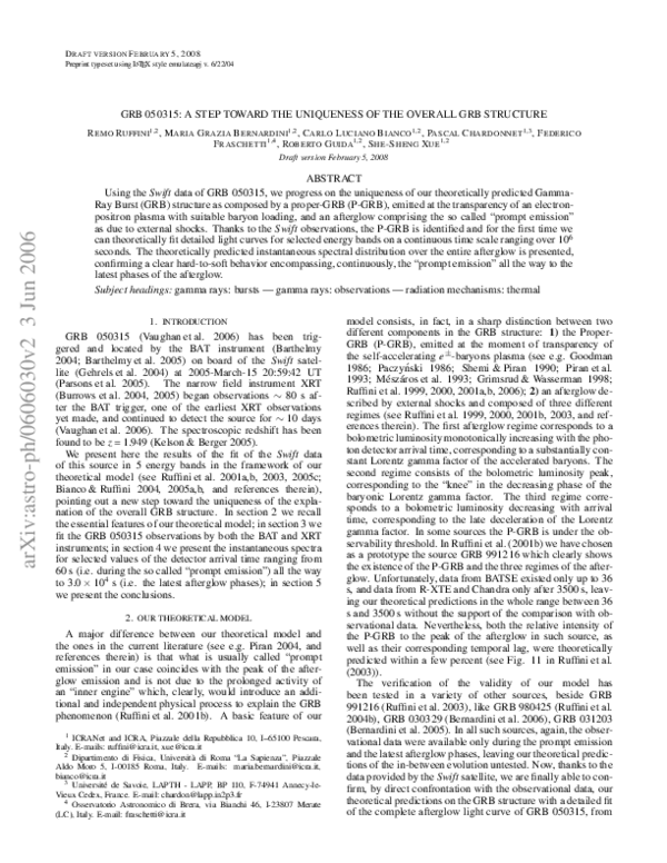 (PDF) GRB 050315: A step toward the uniqueness of the overall GRB structure