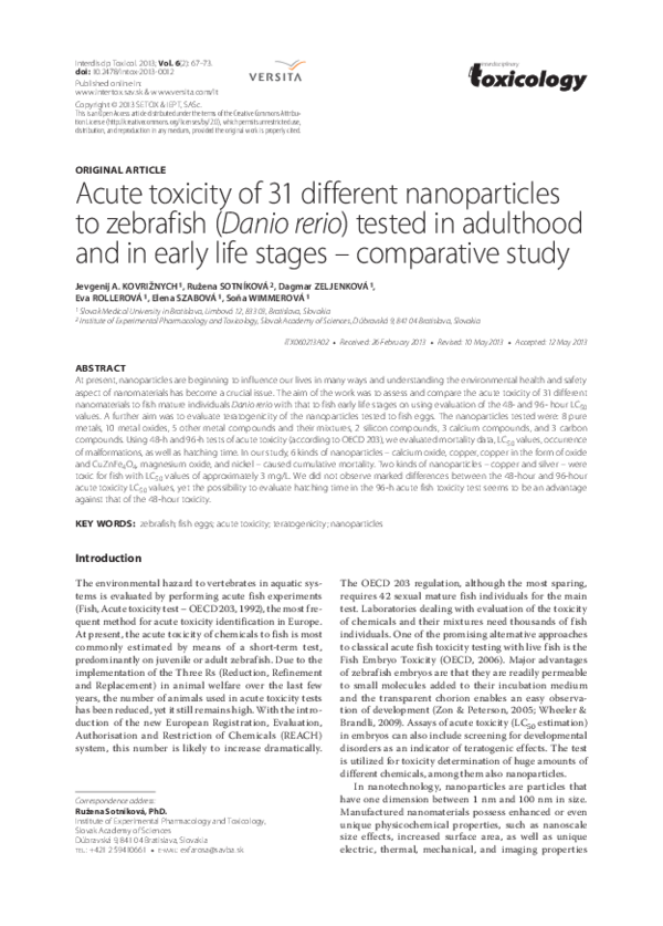 (PDF) Acute toxicity of 31 different nanoparticles to zebrafish (Danio ...