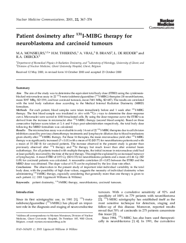 (PDF) Patient dosimetry after 131I-MIBG therapy for neuroblastoma and ...