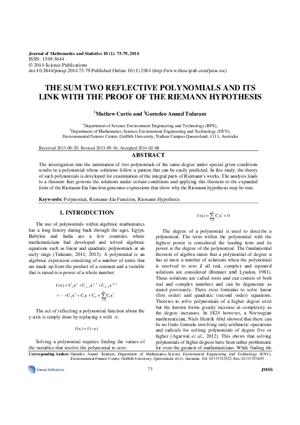 (PDF) The Sum Two Reflective Polynomials and Its Link with the Proof of the Riemann Hypothesis