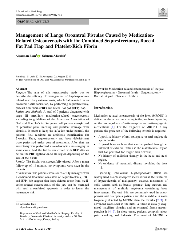 (PDF) Management of Large Oroantral Fistulas Caused by Medication ...