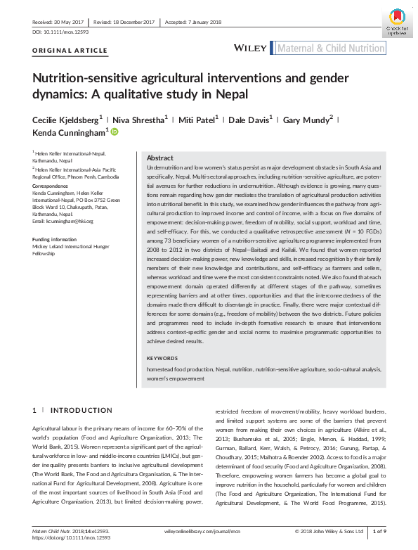 (PDF) Nutrition‐sensitive agricultural interventions and gender dynamics: A qualitative study in ...