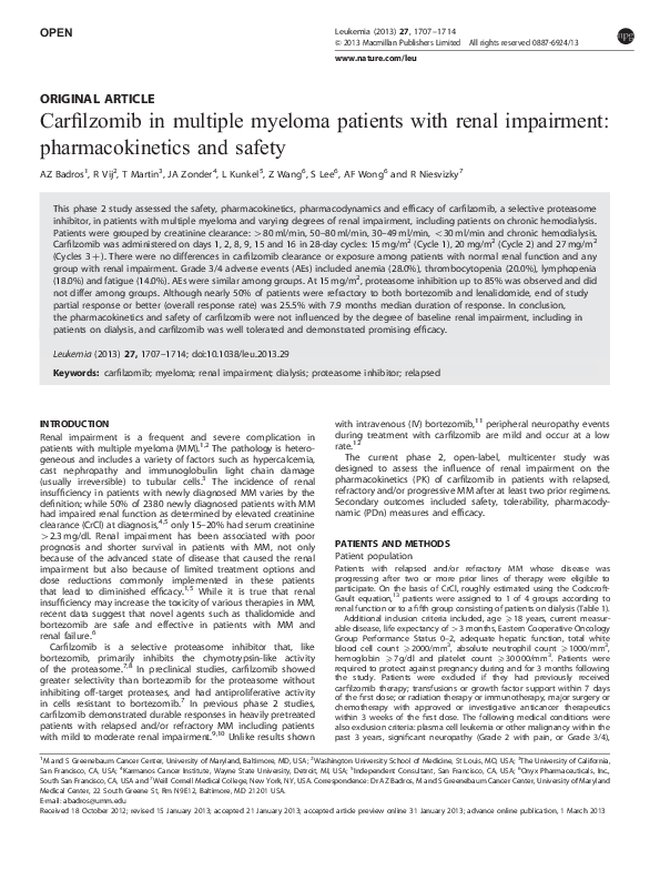 (PDF) Carfilzomib in multiple myeloma patients with renal impairment: pharmacokinetics and ...
