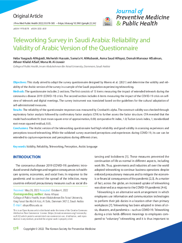 (PDF) Teleworking Survey in Saudi Arabia: Reliability and Validity of Arabic Version of the ...