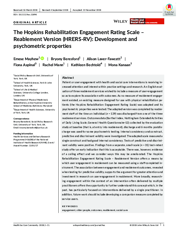 (PDF) The Hopkins Rehabilitation Engagement Rating Scale: Development ...
