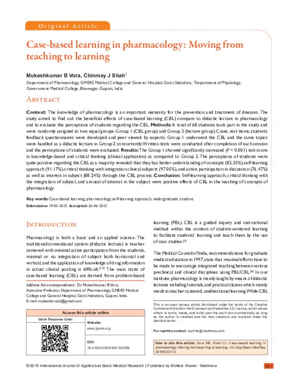 (PDF) Case-based learning in pharmacology: Moving from teaching to learning