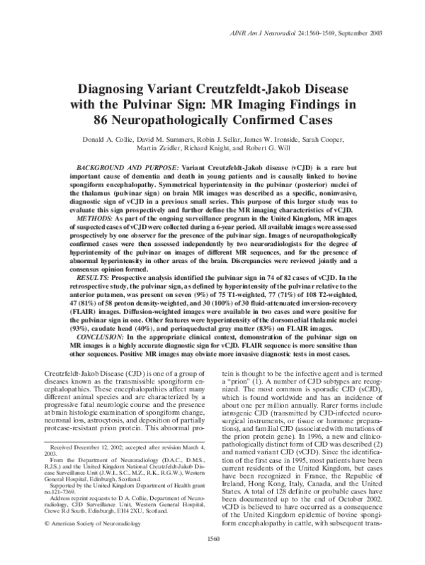 (PDF) Diagnosing Variant Creutzfeldt-Jakob Disease with the Pulvinar ...