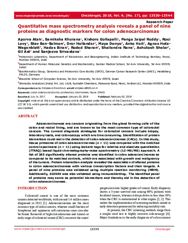 (PDF) Quantitative mass spectrometry analysis reveals a panel of nine proteins as diagnostic ...