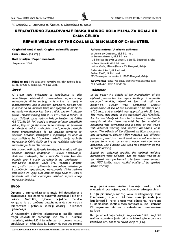 (PDF) Repair welding of the coal mill disk made of Cr-Mo steel | Sasa ...