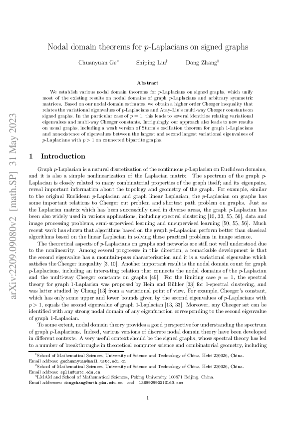 (PDF) Nodal domain theorems for $p$-Laplacians on signed graphs | chuanyuan Ge - Academia.edu