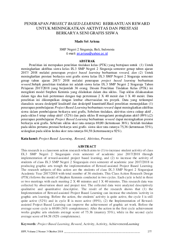(PDF) Penerapan Project Based Learning Berbantuan Reward Untuk Meningkatkan Aktivitas Dan ...