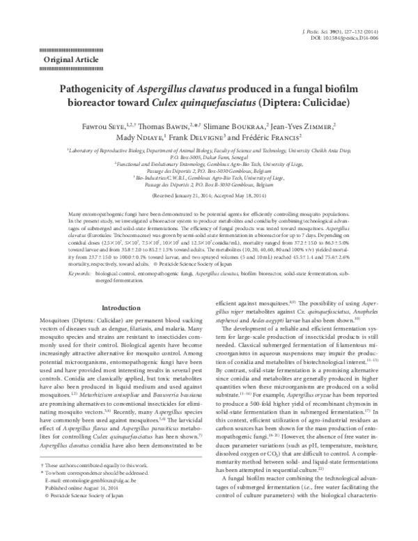 (PDF) Pathogenicity of Aspergillus clavatus produced in a fungal biofilm bioreactor toward Culex ...