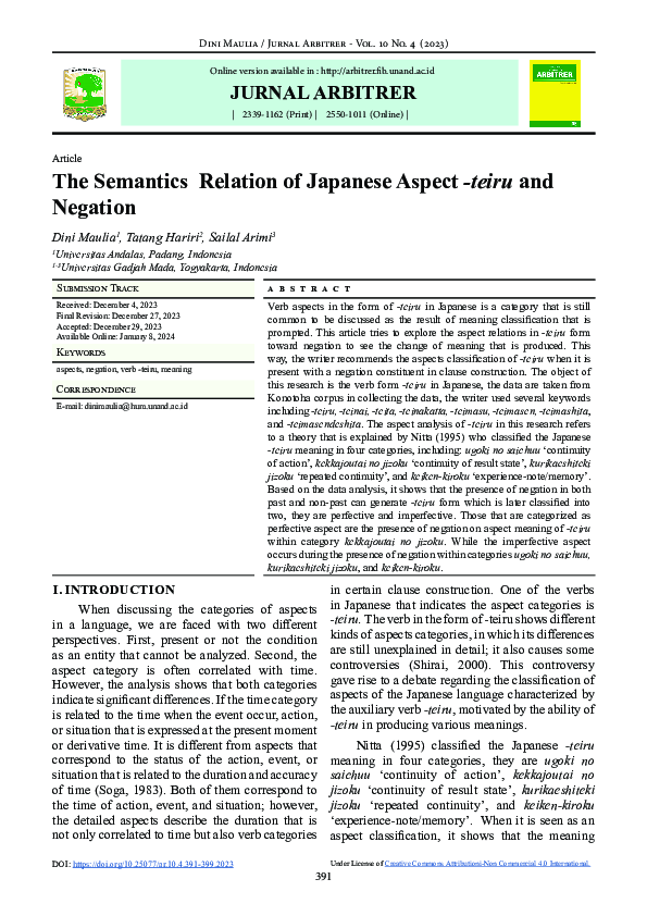 (PDF) The Semantics Relation of Japanese Aspect -teiru and Negation