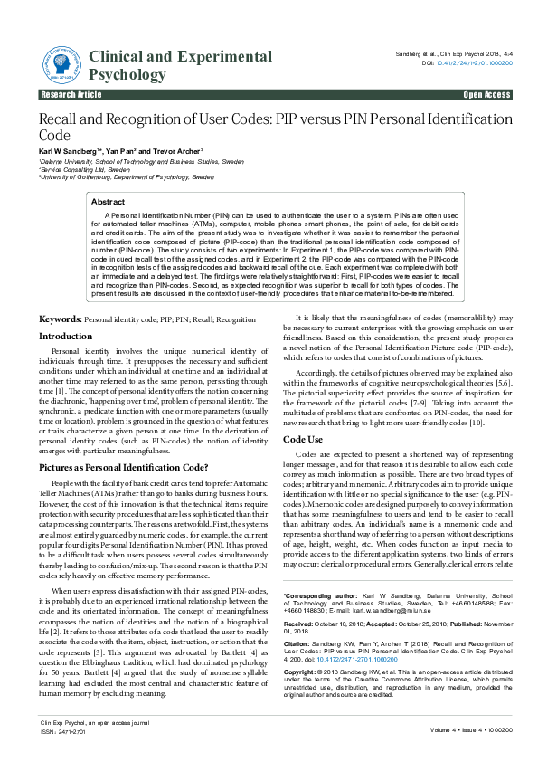 (PDF) Recall and Recognition of User Codes: PIP versus PIN Personal ...