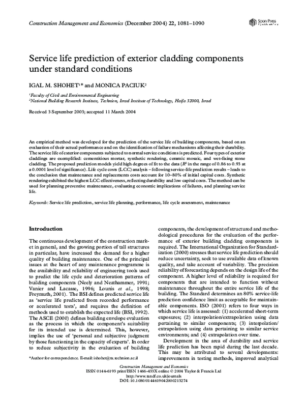 (PDF) Service life prediction of exterior cladding components under standard conditions