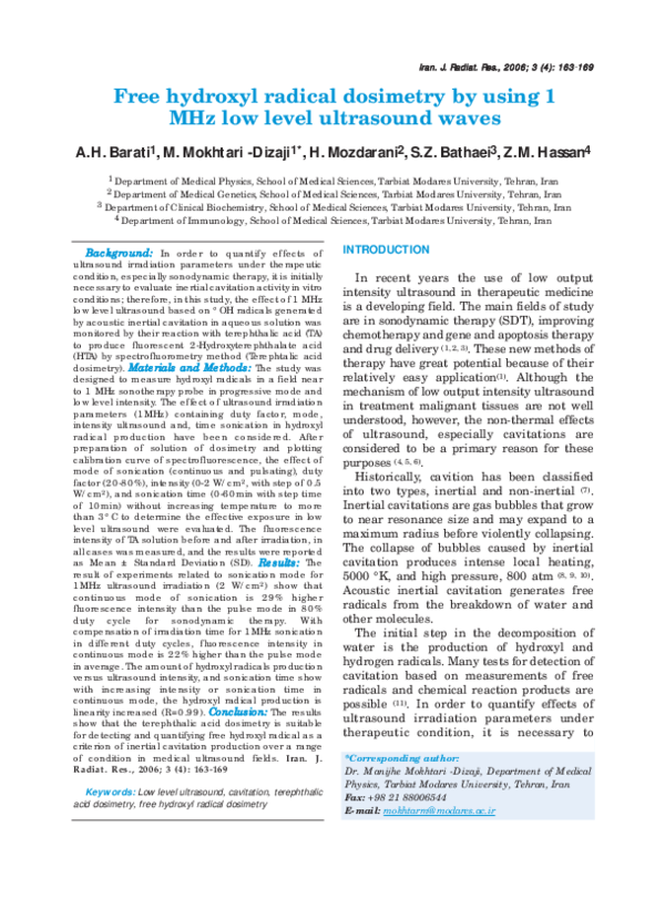 (PDF) Free hydroxyl radical dosimetry by using 1 MHz low level ...