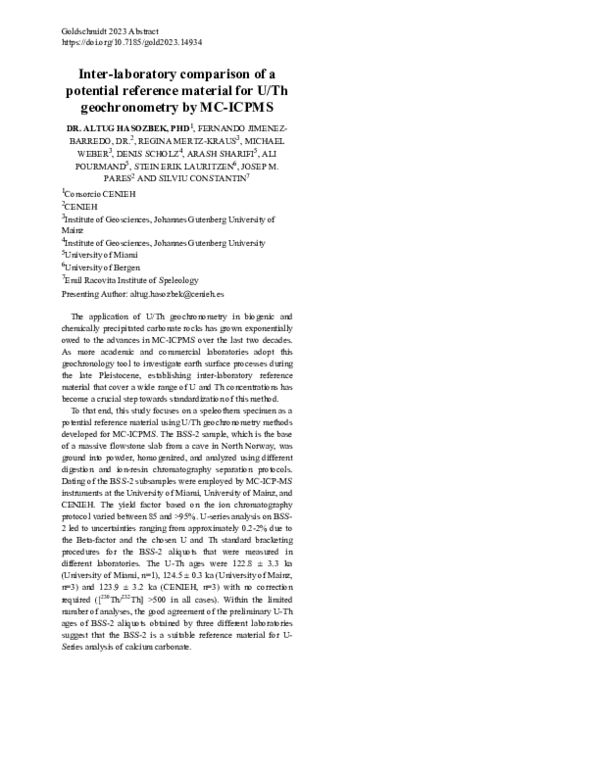 (PDF) Inter-laboratory comparison of a potential reference material for U/Th geochronometry by ...