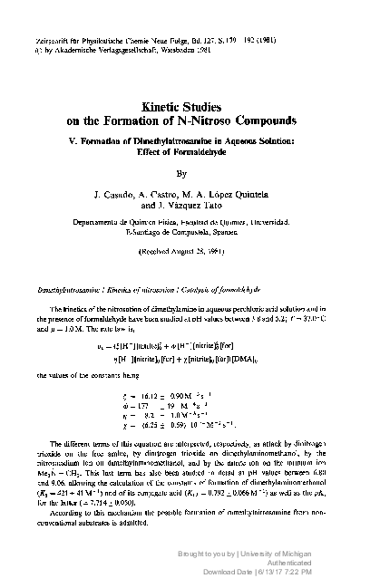 (PDF) Kinetic Studies on the Formation of N-Nitroso Compounds