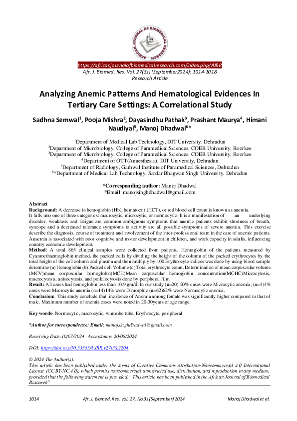 (PDF) Analyzing Anemic Patterns And Hematological Evidences In Tertiary ...