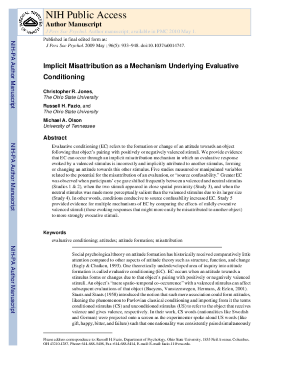 (PDF) Implicit misattribution as a mechanism underlying evaluative ...